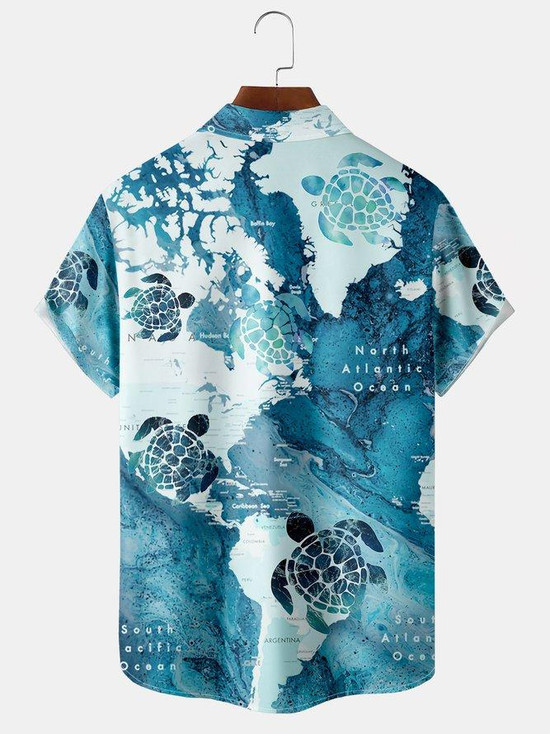 Mens Map Sea Turtles Print Lapel Loose Chest Pocket Short Sleeve Funky ...