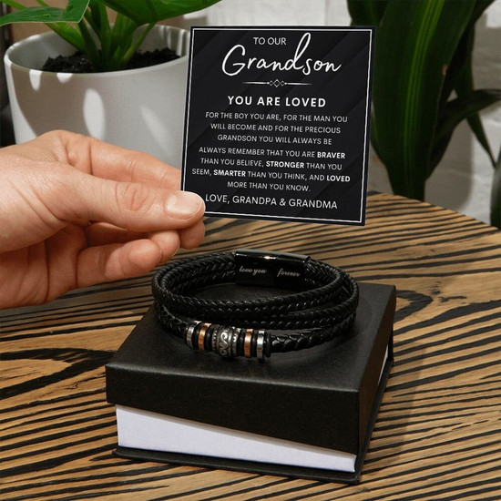 You are Loved To Our Grandson Leather Bracelet Gift from Grandparents Mazezy
