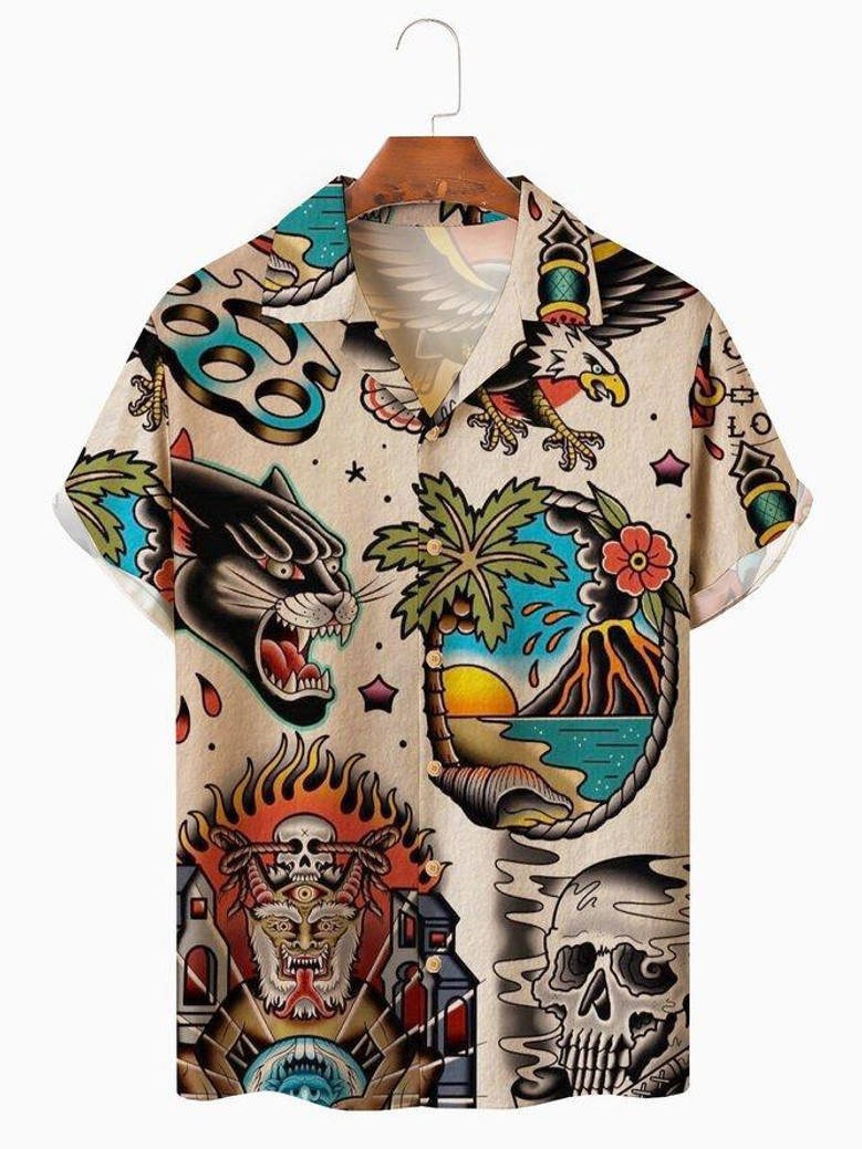 Mens Hawaiian Art Tattoo Print Camp Collar Loose Short Sleeve Funky ...