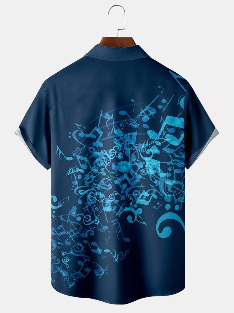 Mens Music Notes Print Lapel Chest Pocket Short Sleeve Hawaiian Shirts ...