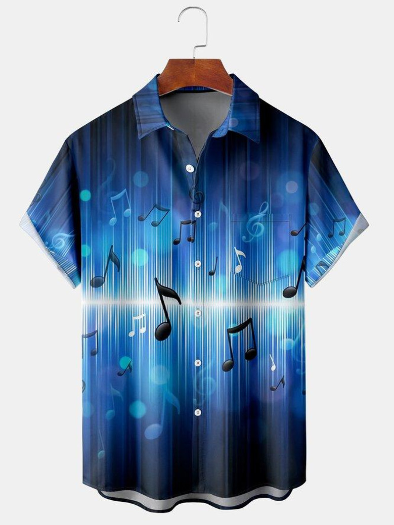 Mens Music Print Lapel Chest Pocket Short Sleeve Hawaiian Shirts - Seseable
