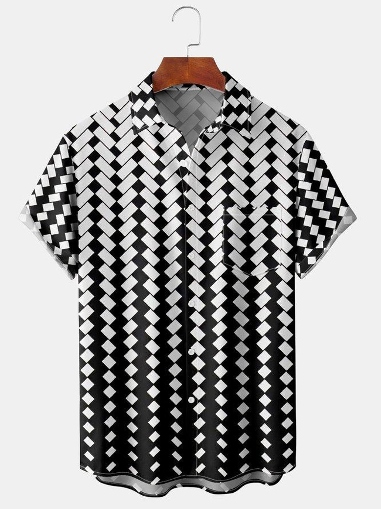 Mens 3d Geo Print Lapel Loose Chest Pocket Short Sleeve Funky Hawaiian ...