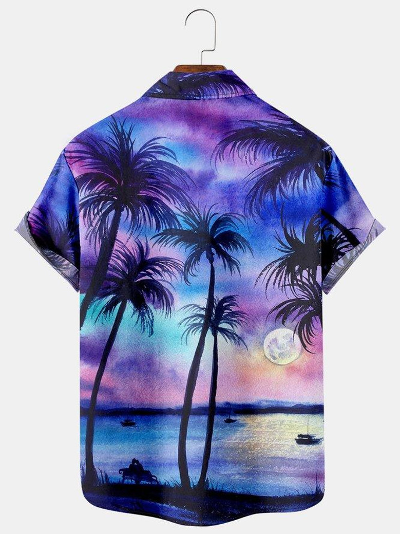 Mens Coconut Tree Sunset Print Casual Breathable Chest Pocket Short