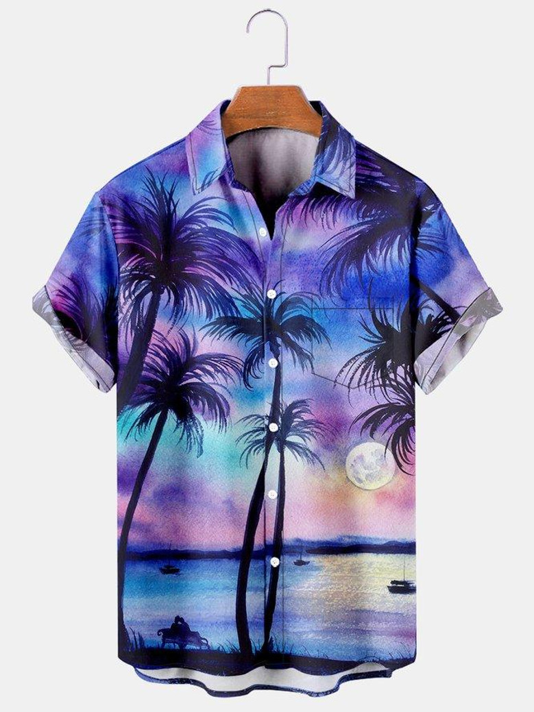 Mens Coconut Tree Sunset Print Casual Breathable Chest Pocket Short ...