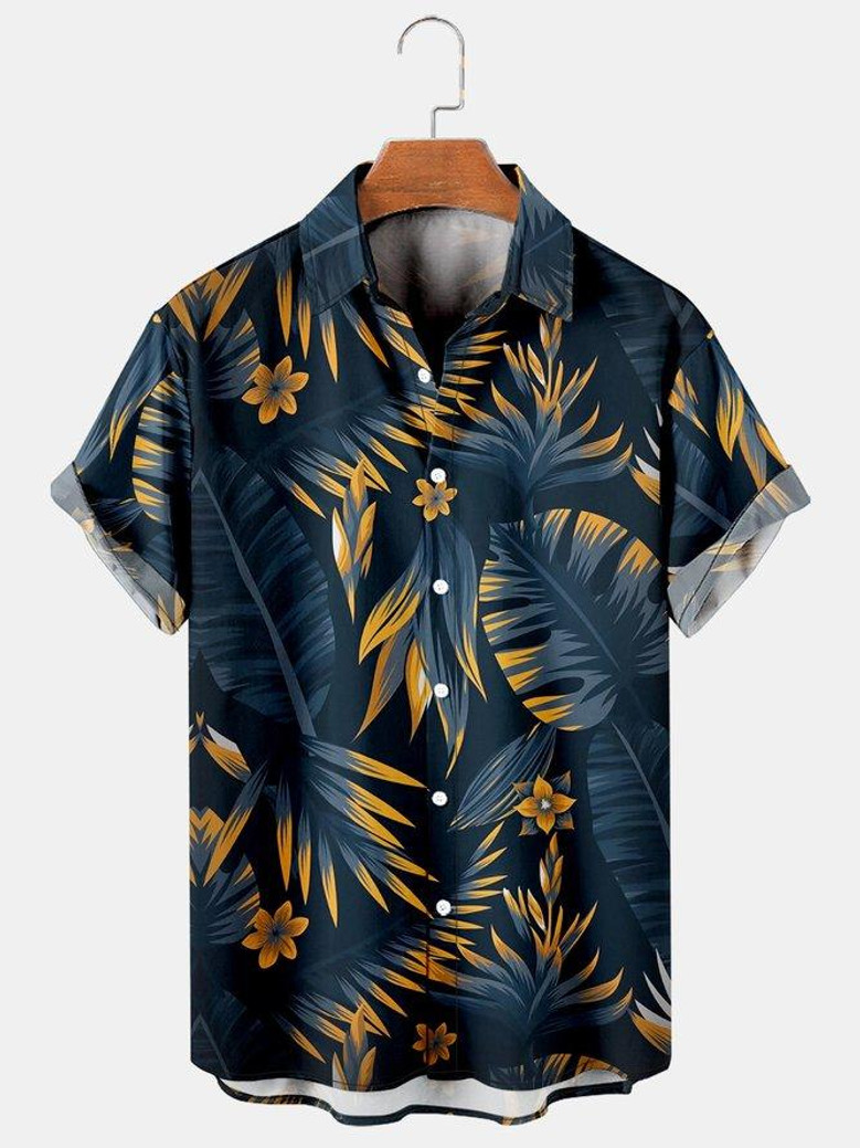 Mens Hawaiian Leaves Print Lapel Loose Chest Pockets Short Sleeve Funky ...