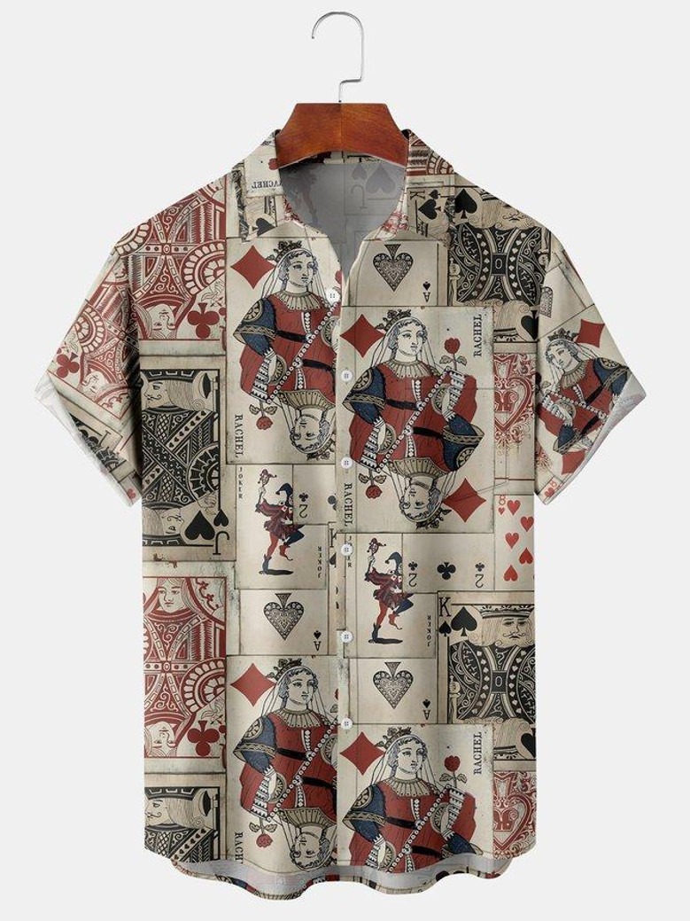Men's Vintage Playing Card Graphic Print Short Sleeve Shirt - Seseable