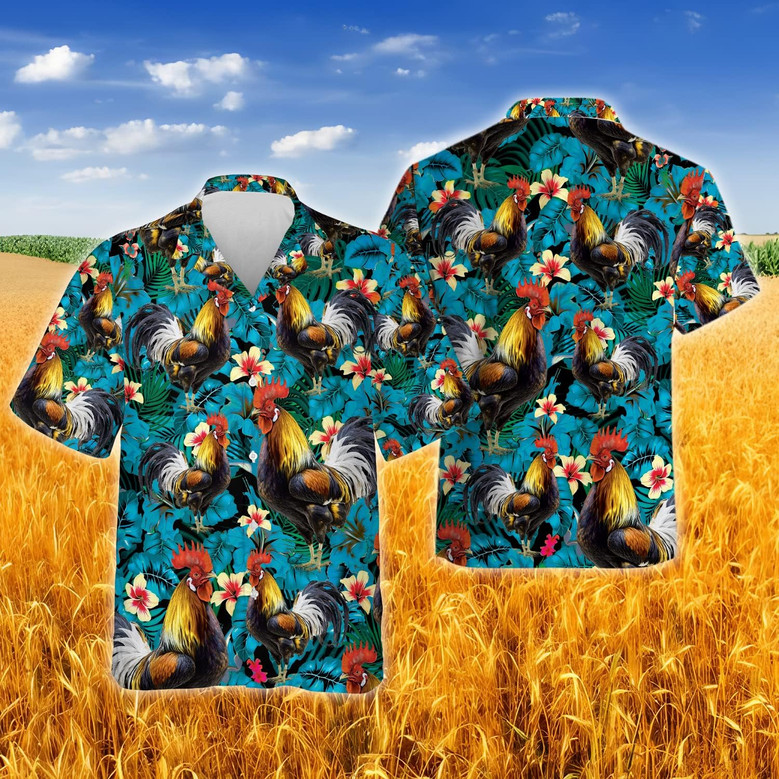 Summer Rooster Hawaiian Shirts - Tropical Chicken Button Down Mens ...