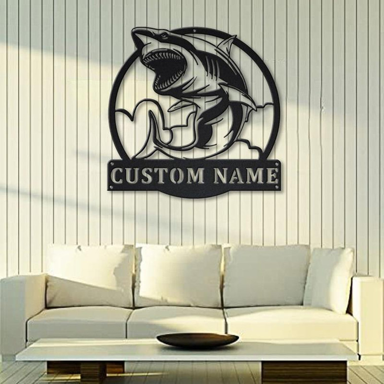 Personalized White Shark Monogram Metal Sign Art - Thegiftio