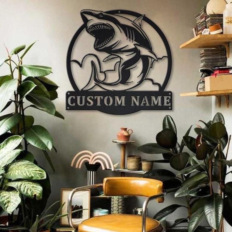 Personalized White Shark Monogram Metal Sign Art - Thegiftio