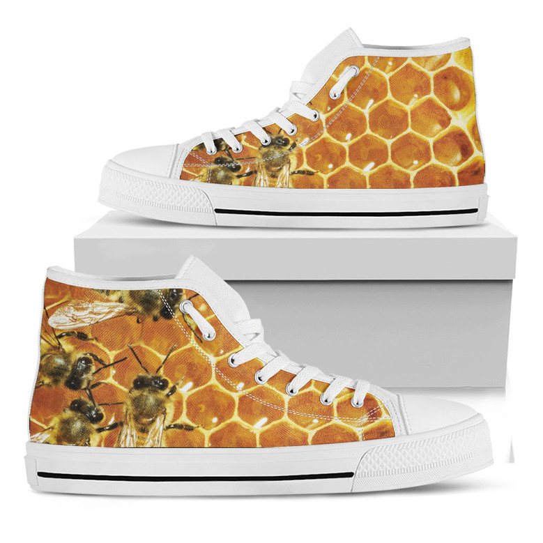 Bees And Honeycomb Print White High Top Shoes - Monsterry