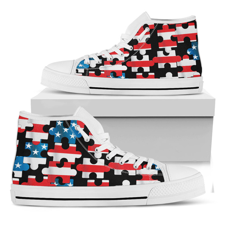 American Flag Jigsaw Puzzle Print White High Top Shoes - Monsterry
