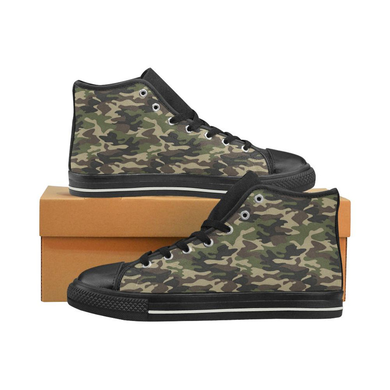 Dark Green camouflage pattern Women's High Top Shoes Black - Monsterry