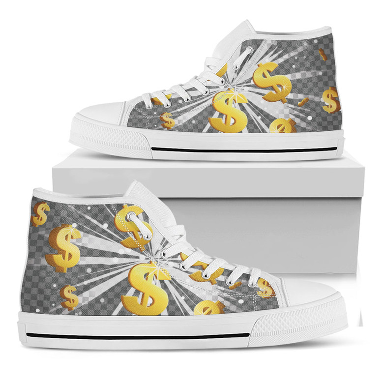Golden Dollar Sign Explosion Print White High Top Shoes - Monsterry