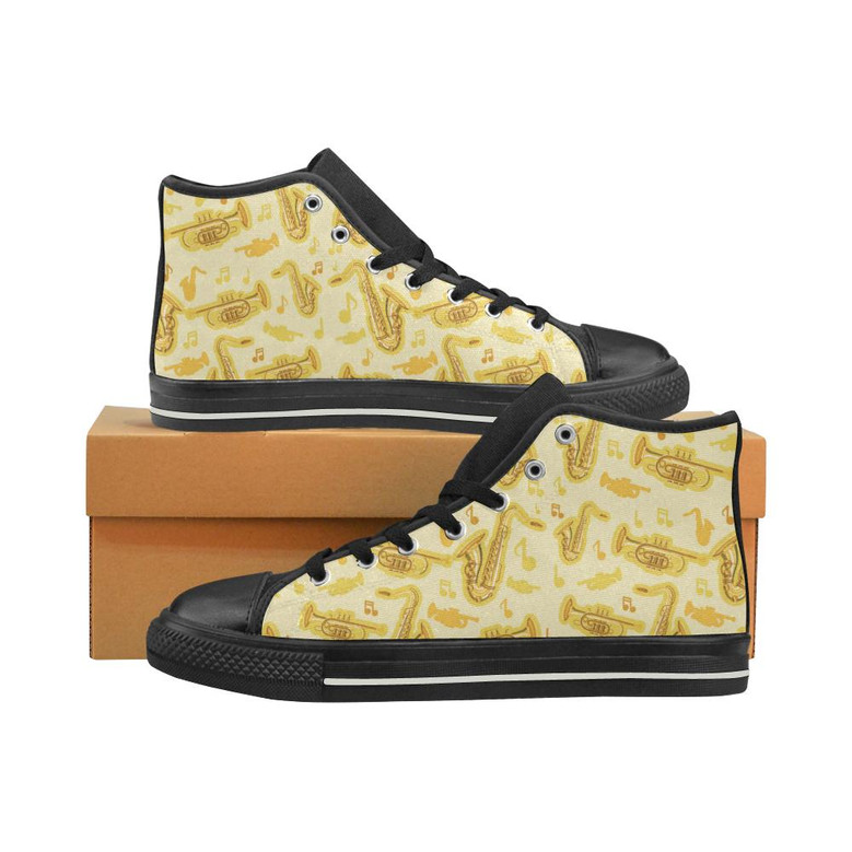 Saxophone cornet pattern yellow background Men's High Top Shoes Black ...