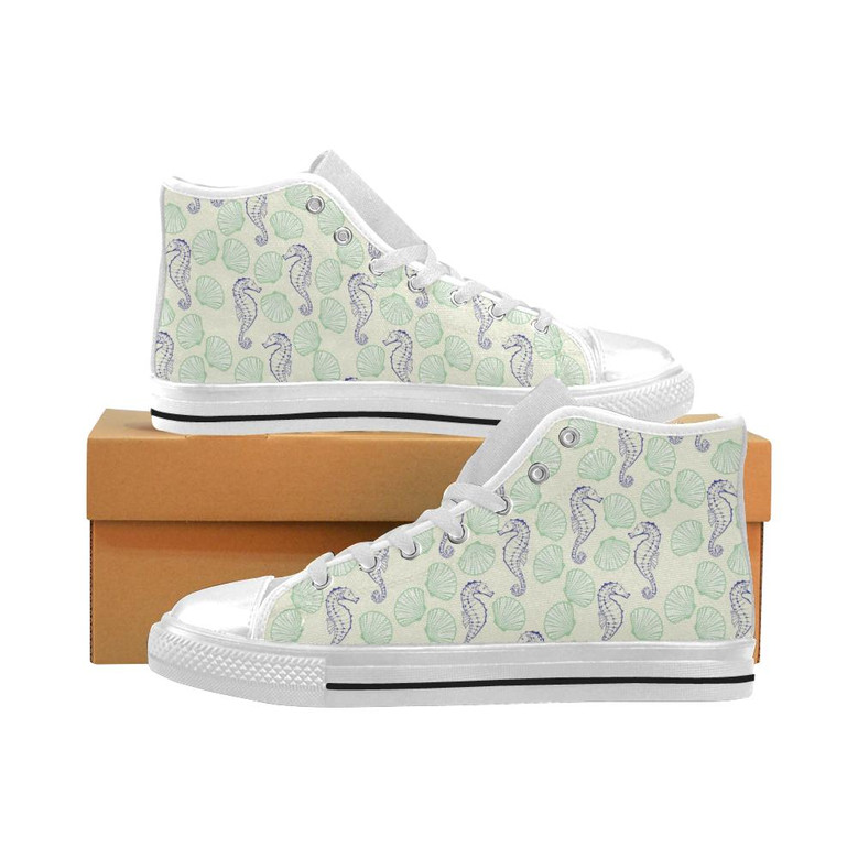 Seahorse shell pattern Men's High Top Shoes White - Monsterry
