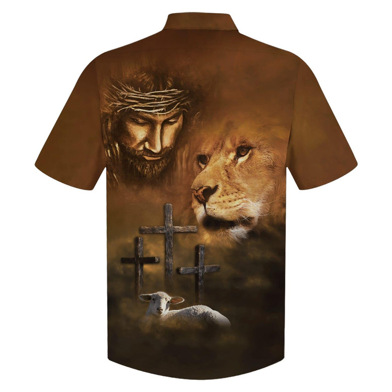 Jesus Lion And The Lamb Three Cross Hawaiian Shirts - Seseable