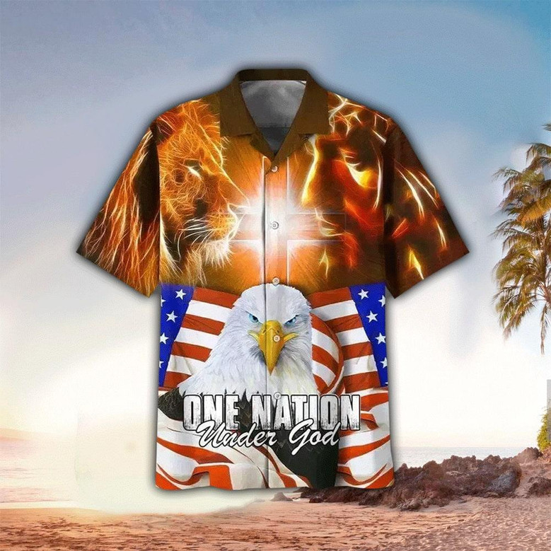 One Nation Under God Lion Eagle Jesus Hawaiian Shirt - Christian ...