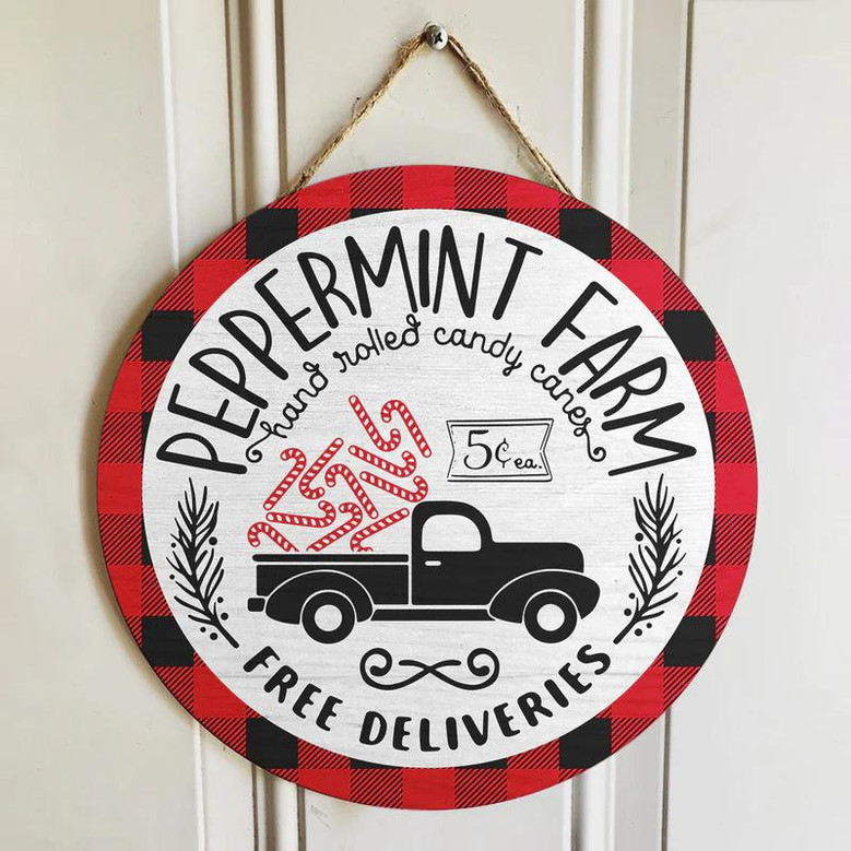 Peppermint Farm Candy Canes Door Sign Custom Round Wood Sign - Thegiftio