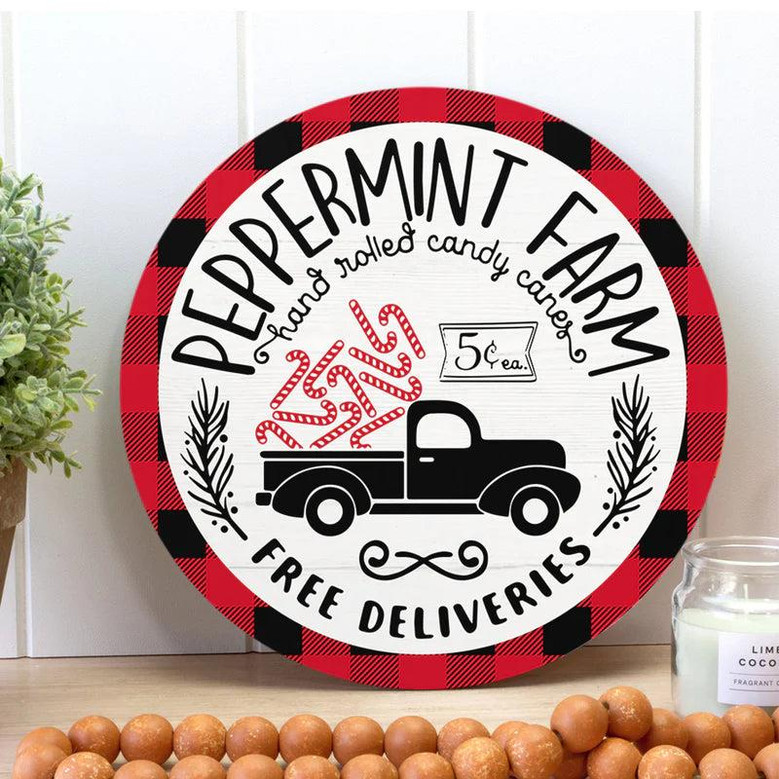 Peppermint Farm Candy Canes Door Sign Custom Round Wood Sign - Thegiftio