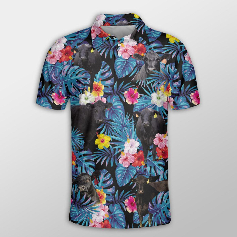 Black Angus Tropical Flowers Leaves Pattern Button Polo Shirt, Cow Polo ...