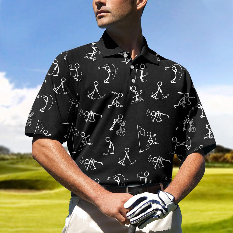 Stickfigures Playing Golf Short Sleeve Polo Shirt, Doodling Golfer Polo ...
