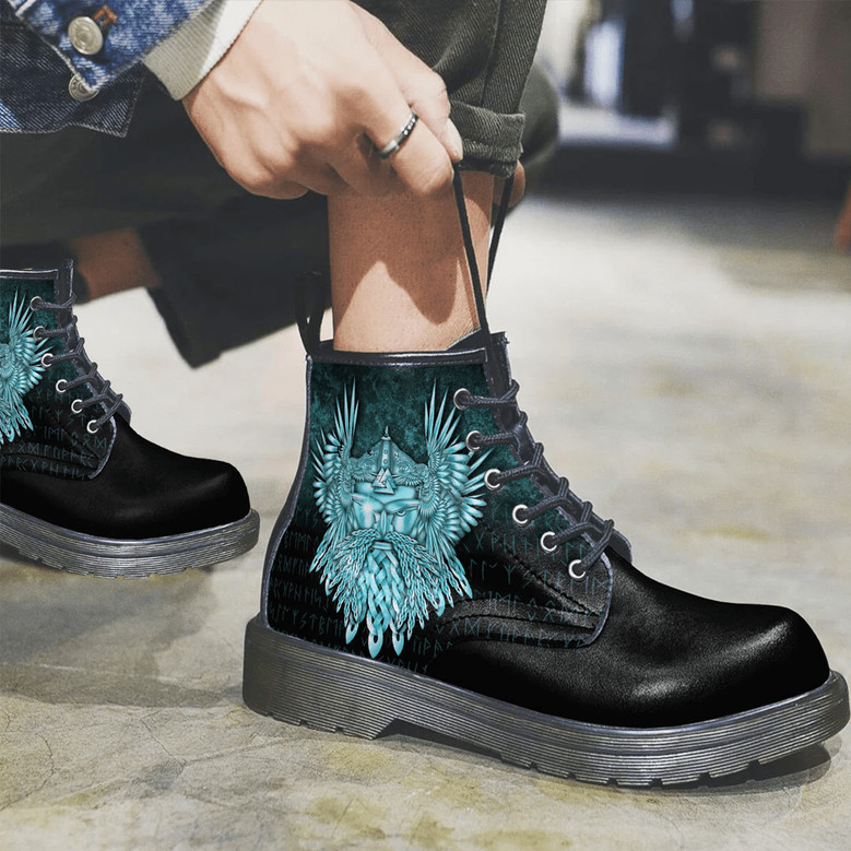 Norse God Odin The All Father Cyan Leather Boots - Monsterry