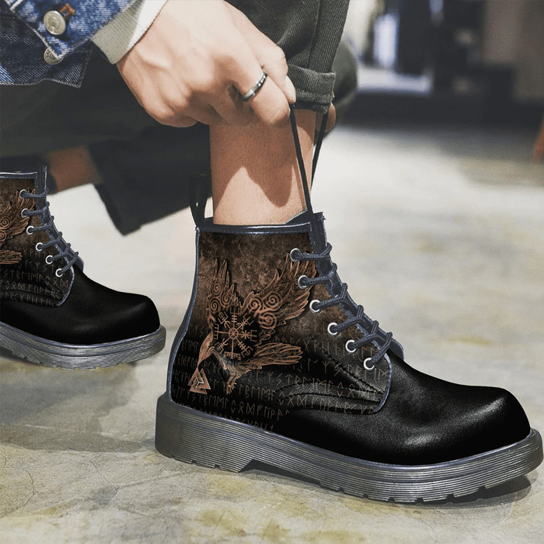 Raven Rune Magic Symbols Leather Boots - Monsterry