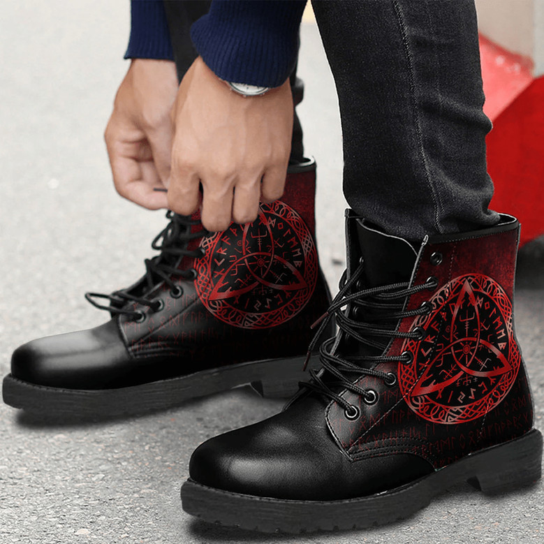 Vegvisir Nordic Viking Rune Red Leather Boots - Monsterry