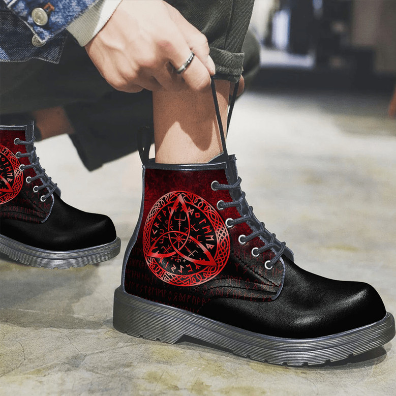 Vegvisir Nordic Viking Rune Red Leather Boots - Monsterry