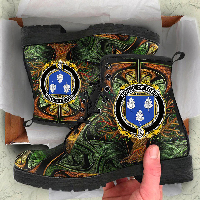 House of TOBIN Irish Family Crest Leather Boots Tree Of Life - Monsterry