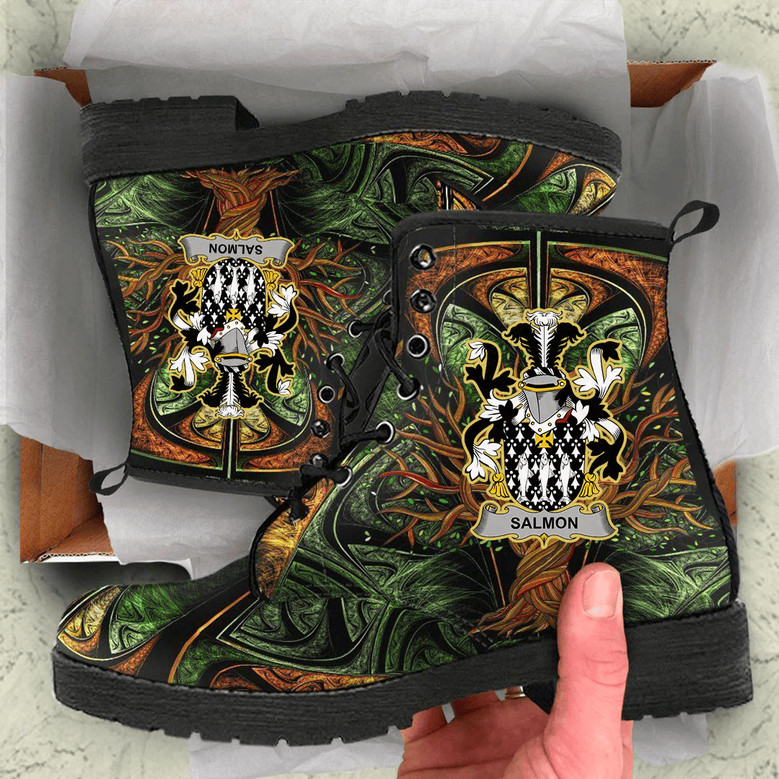 Salmon Irish Family Crest Leather Boots Tree Of Life - Monsterry