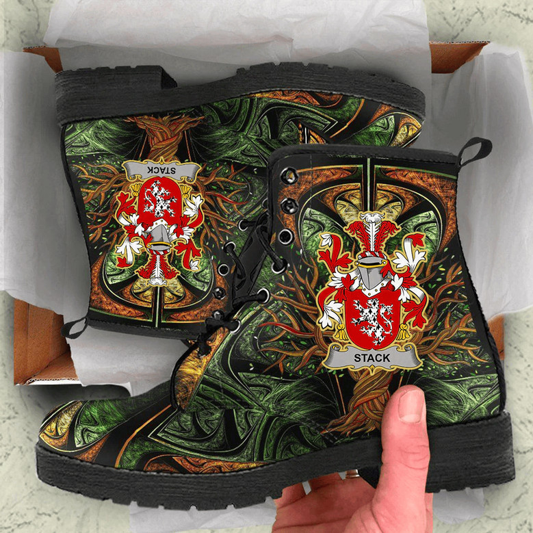 Stack Irish Family Crest Leather Boots Tree Of Life - Monsterry