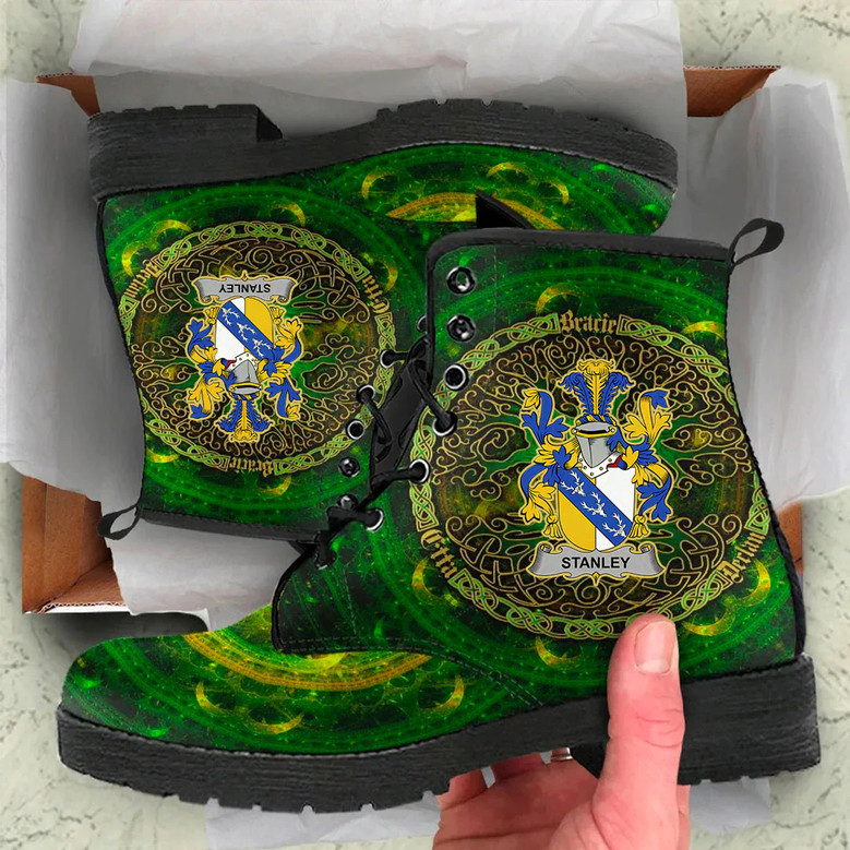 Stanley Irish Family Crest Leather Boots Celtic Tree (Green) - Monsterry