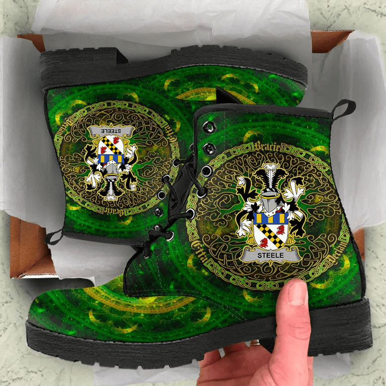 Steele Irish Family Crest Leather Boots Celtic Tree (Green) - Monsterry
