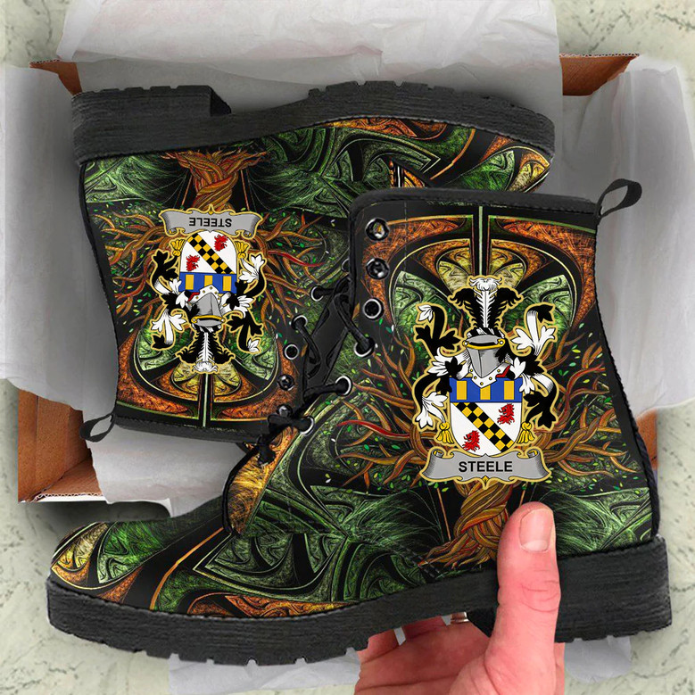 Steele Irish Family Crest Leather Boots Tree Of Life - Monsterry