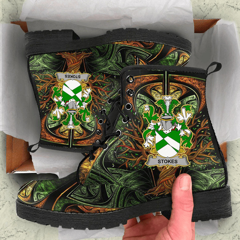 Stokes Irish Family Crest Leather Boots Tree Of Life - Monsterry