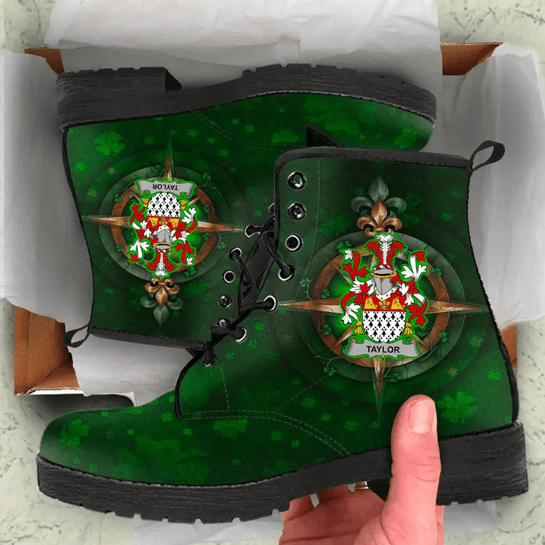 Taylor Irish Family Crest Leather Boots Celtic Irish Compass & Shamrock ...