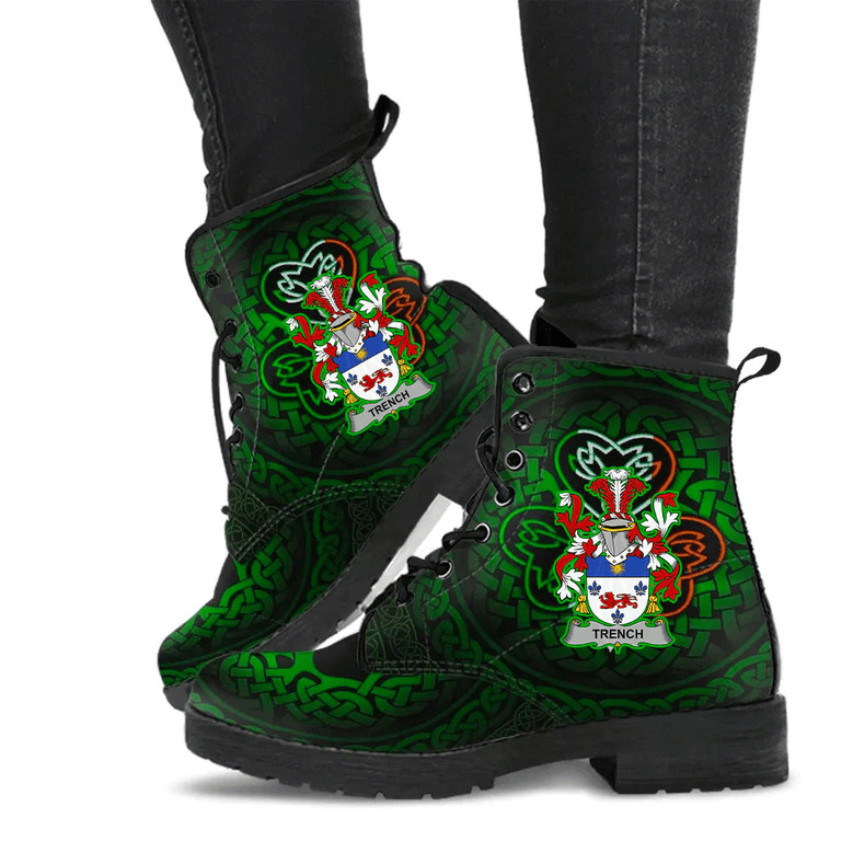 Trench Irish Family Crest Leather Boots Irish Celtic Shamrock - Monsterry