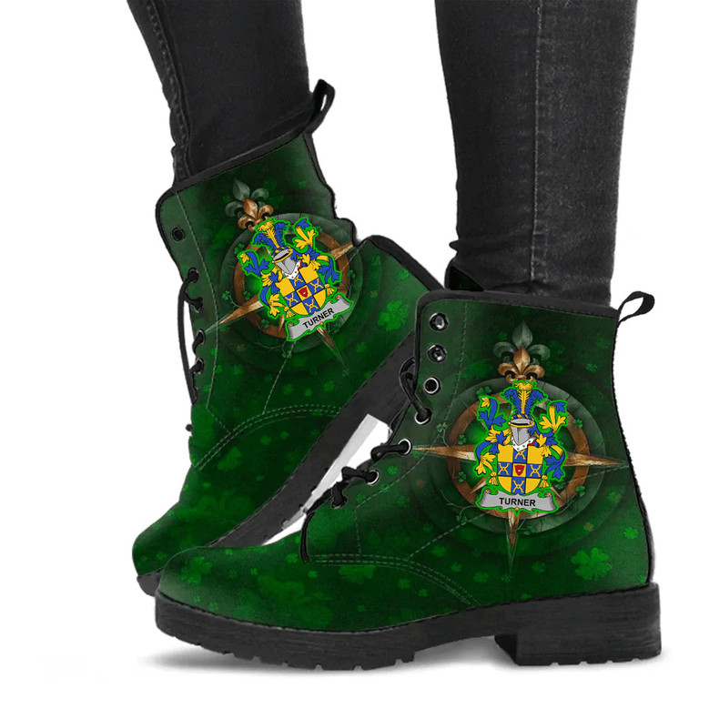 Turner Irish Family Crest Leather Boots Celtic Irish Compass & Shamrock ...