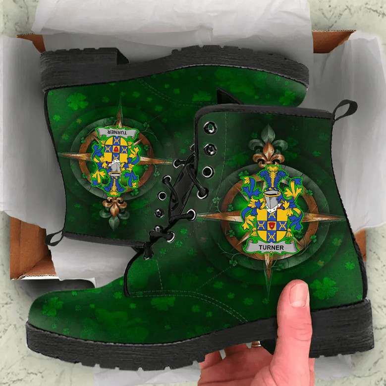 Turner Irish Family Crest Leather Boots Celtic Irish Compass & Shamrock ...