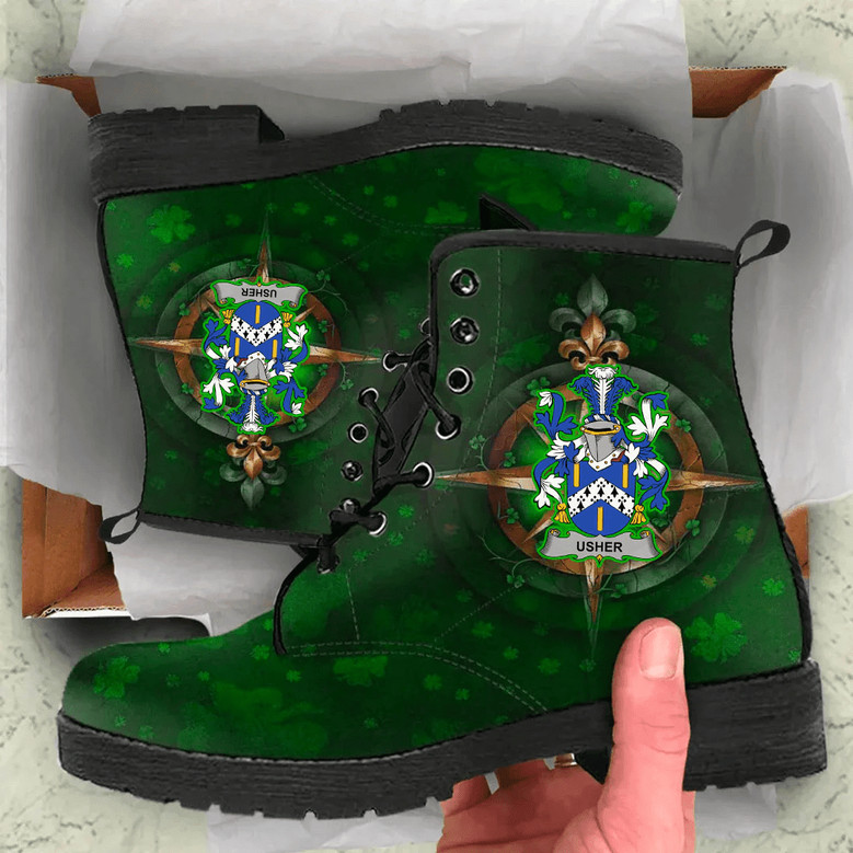 Usher Irish Family Crest Leather Boots Celtic Irish Compass & Shamrock ...
