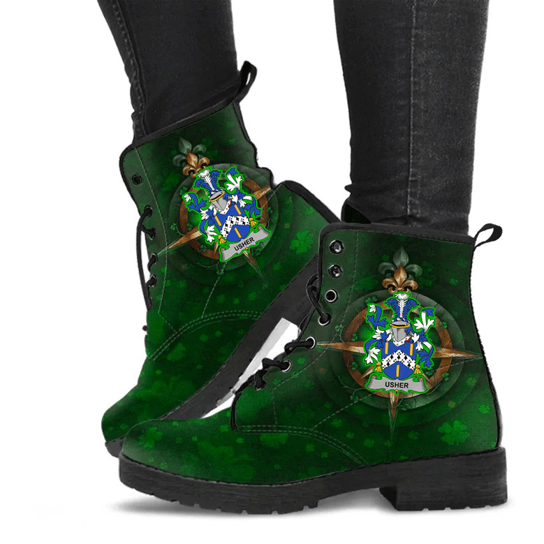Usher Irish Family Crest Leather Boots Celtic Irish Compass & Shamrock ...