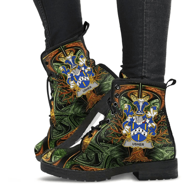 Usher Irish Family Crest Leather Boots Tree Of Life - Monsterry