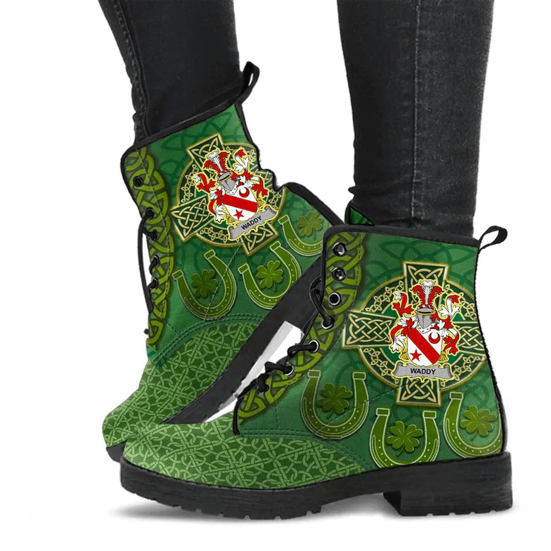 Waddy Irish Family Crest Leather Boots Ireland Celtic Cross - Monsterry