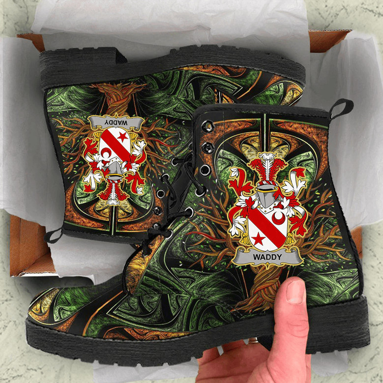 Waddy Irish Family Crest Leather Boots Tree Of Life - Monsterry