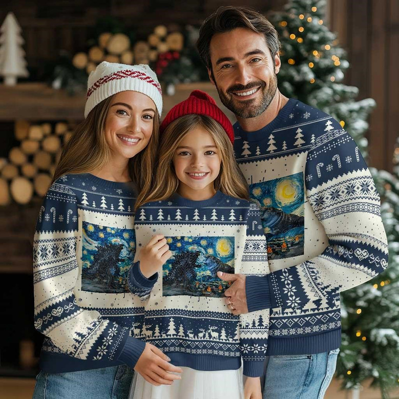 Godzilla Versus Moo Deng Ugly Christmas Sweater Vintage Van Gogh Starry ...