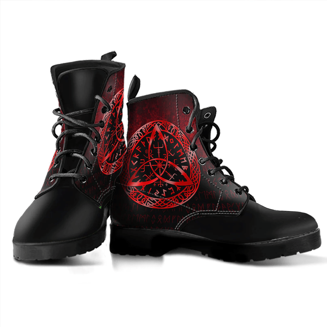 Vegvisir Nordic Viking Rune Red Leather Boots - Monsterry